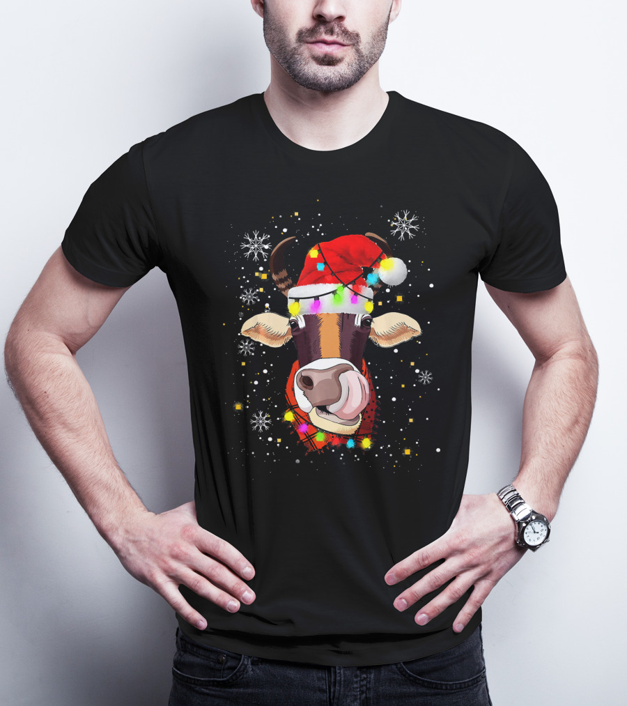 Festive Cow With Santa Hat And Christmas Lights For Animal Lovers T-Shirt