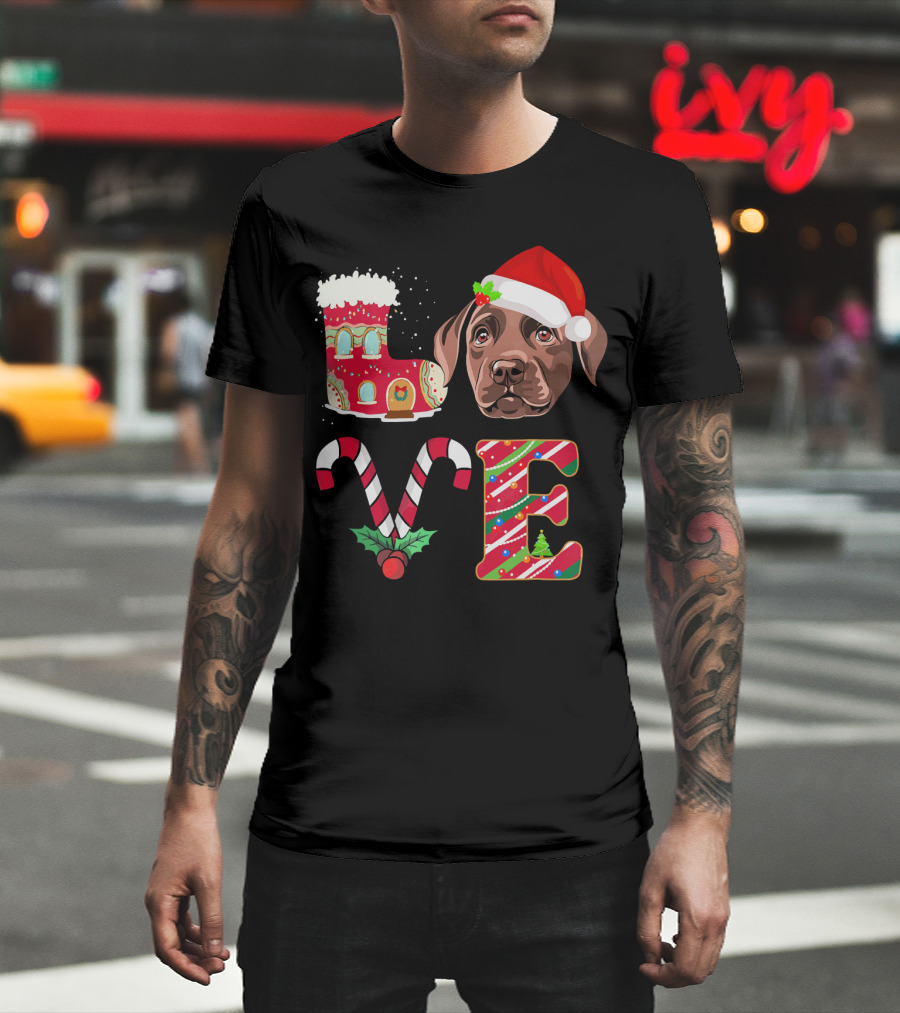 I Love My Chocolate Labrador Christmas Theme With Santa Hat And Candy Cane Decorations T-Shirt