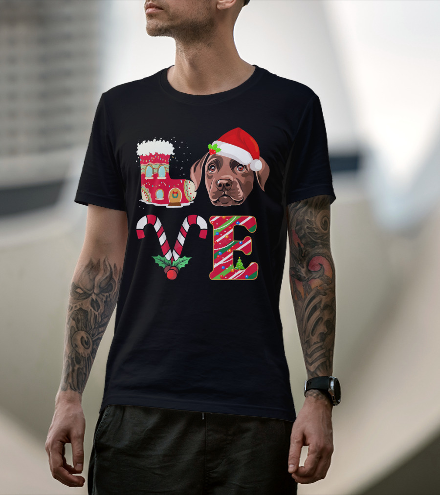 I Love My Chocolate Labrador Christmas Theme With Santa Hat And Candy Cane Decorations T-Shirt