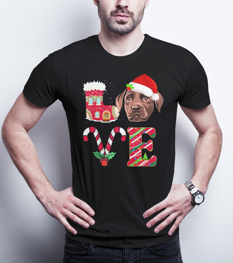I Love My Chocolate Labrador Christmas Theme With Santa Hat And Candy Cane Decorations T-Shirt