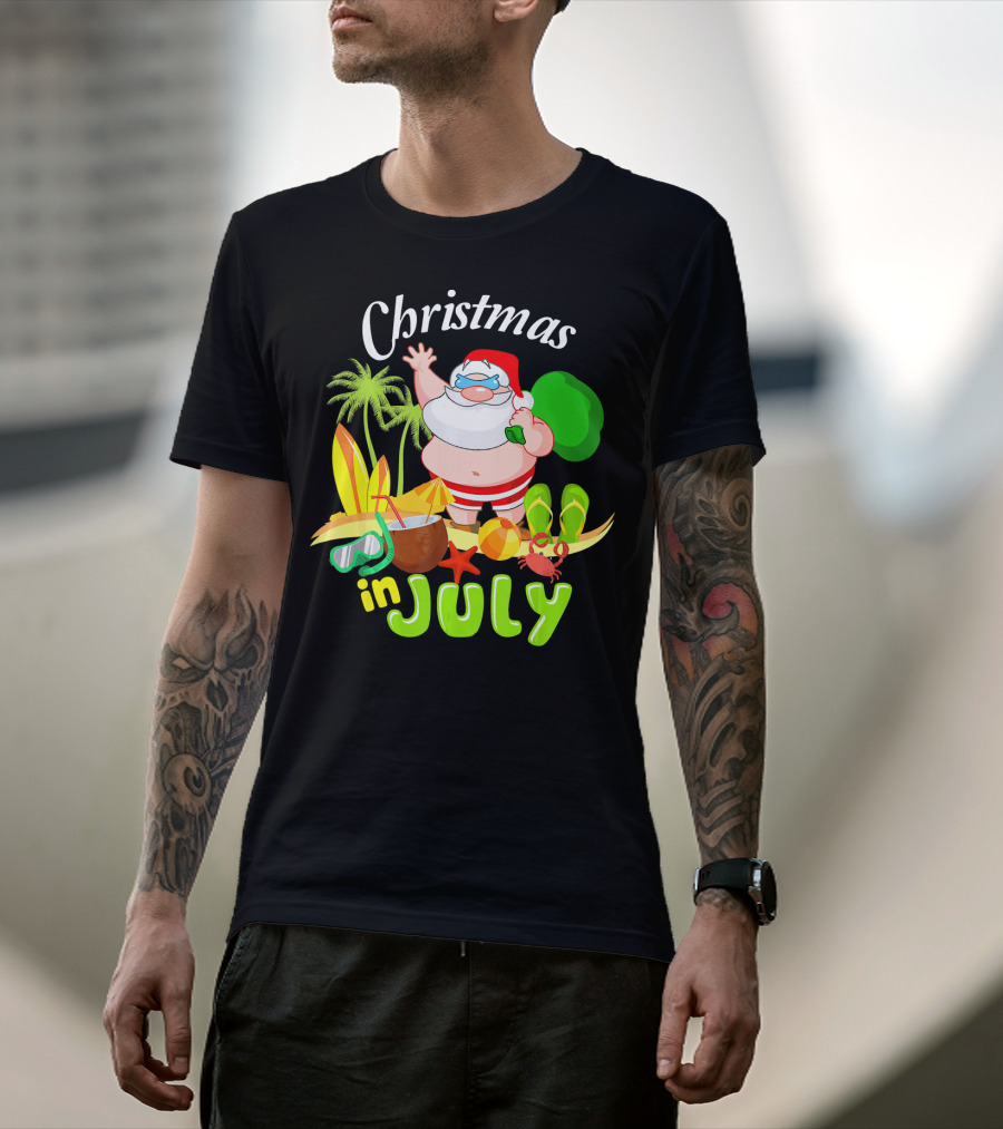 Christmas In July Santa With Surfboards, Palm Trees, Tropical Drinks, And Beach Accessories T-Shirt