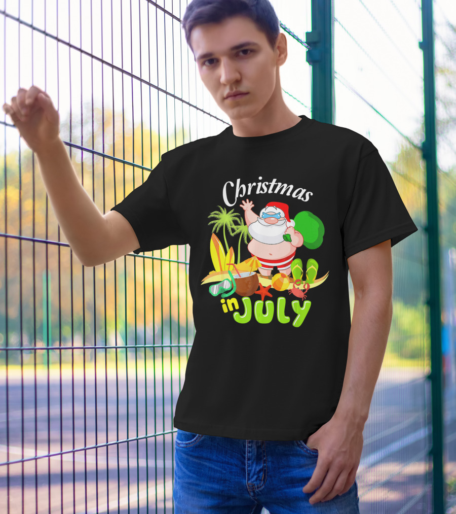 Christmas In July Santa With Surfboards, Palm Trees, Tropical Drinks, And Beach Accessories T-Shirt