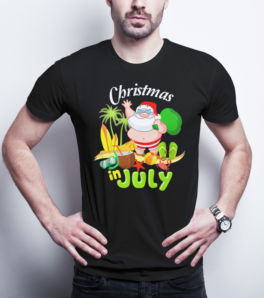 Christmas In July Santa With Surfboards, Palm Trees, Tropical Drinks, And Beach Accessories T-Shirt