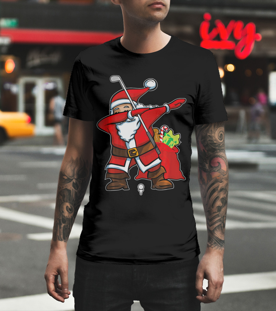 Christmas Dabbing Golf Santa With Gift Bag And Candy Cane T-Shirt