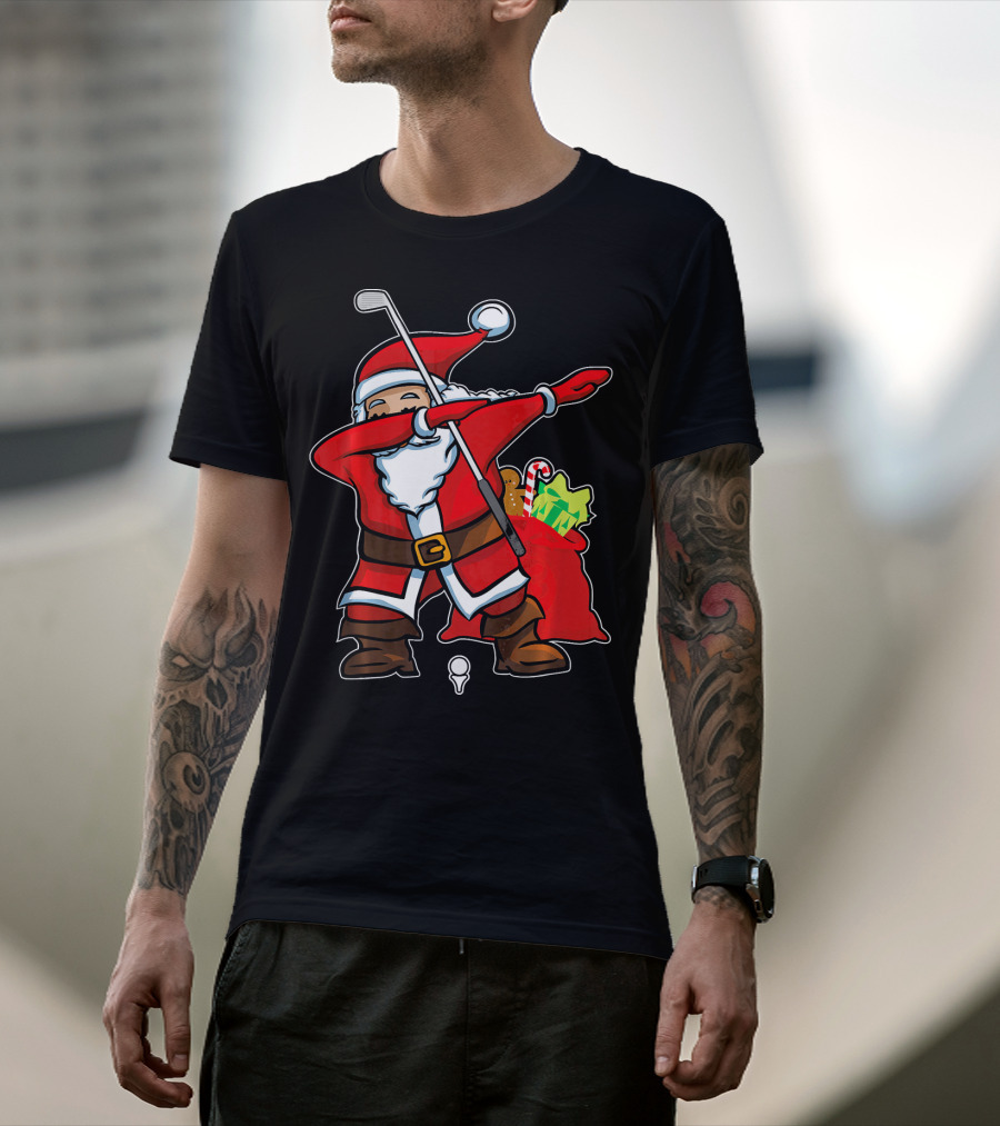 Christmas Dabbing Golf Santa With Gift Bag And Candy Cane T-Shirt