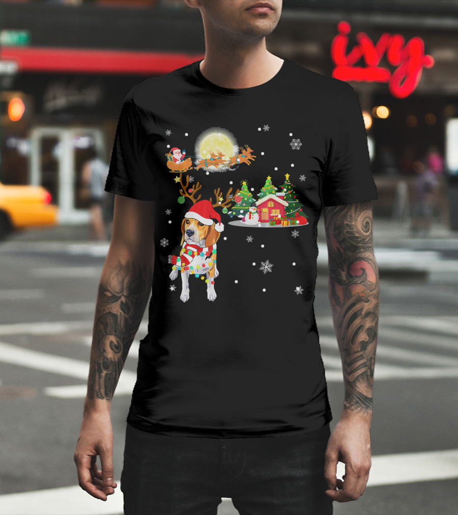 Beagle Christmas Santa Sleigh Trees Snowman Holiday Scene T-Shirt
