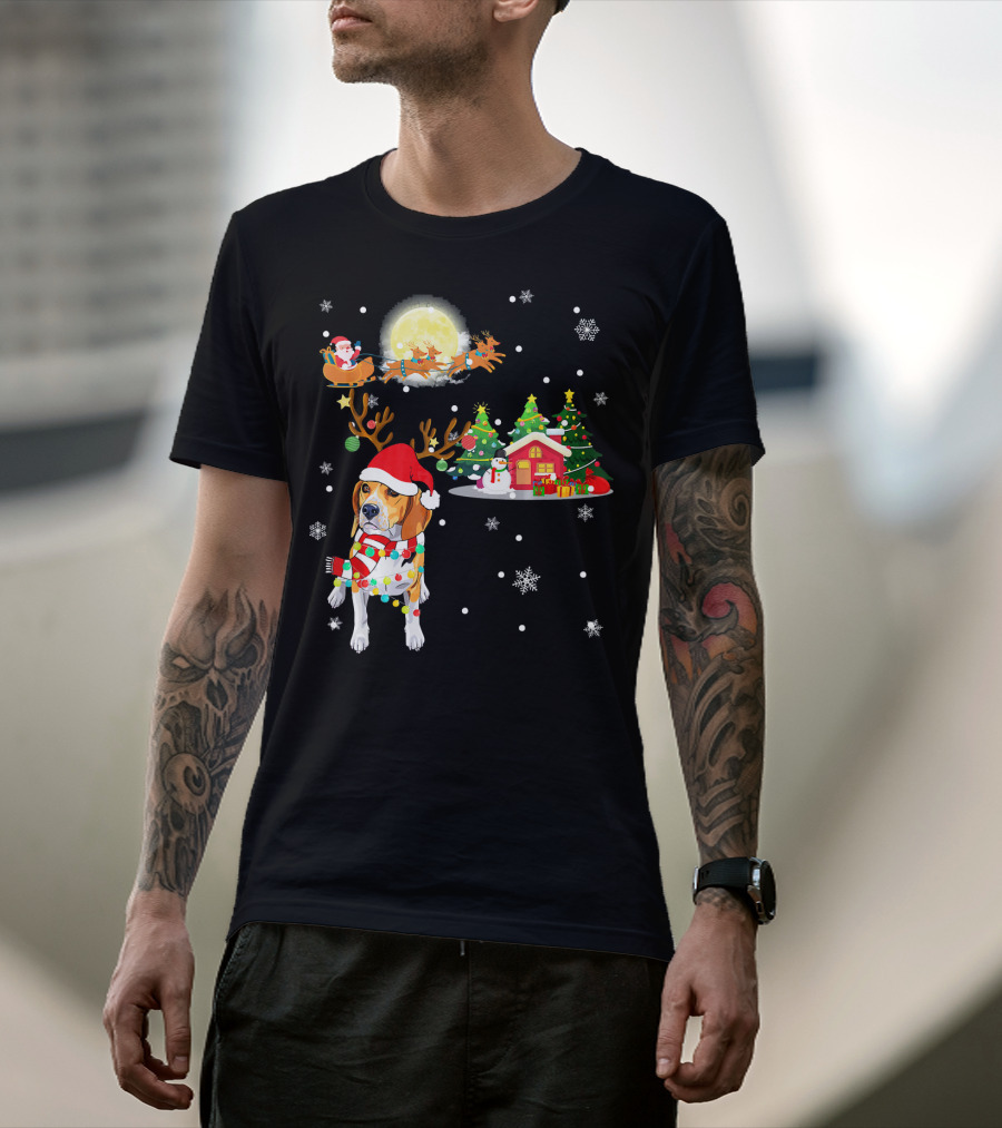 Beagle Christmas Santa Sleigh Trees Snowman Holiday Scene T-Shirt