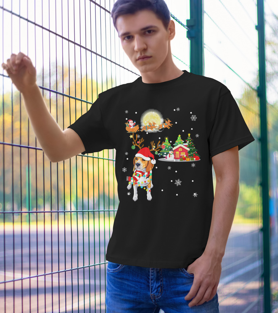 Beagle Christmas Santa Sleigh Trees Snowman Holiday Scene T-Shirt