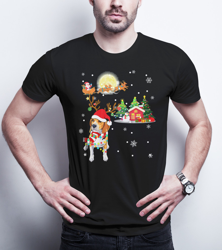 Beagle Christmas Santa Sleigh Trees Snowman Holiday Scene T-Shirt