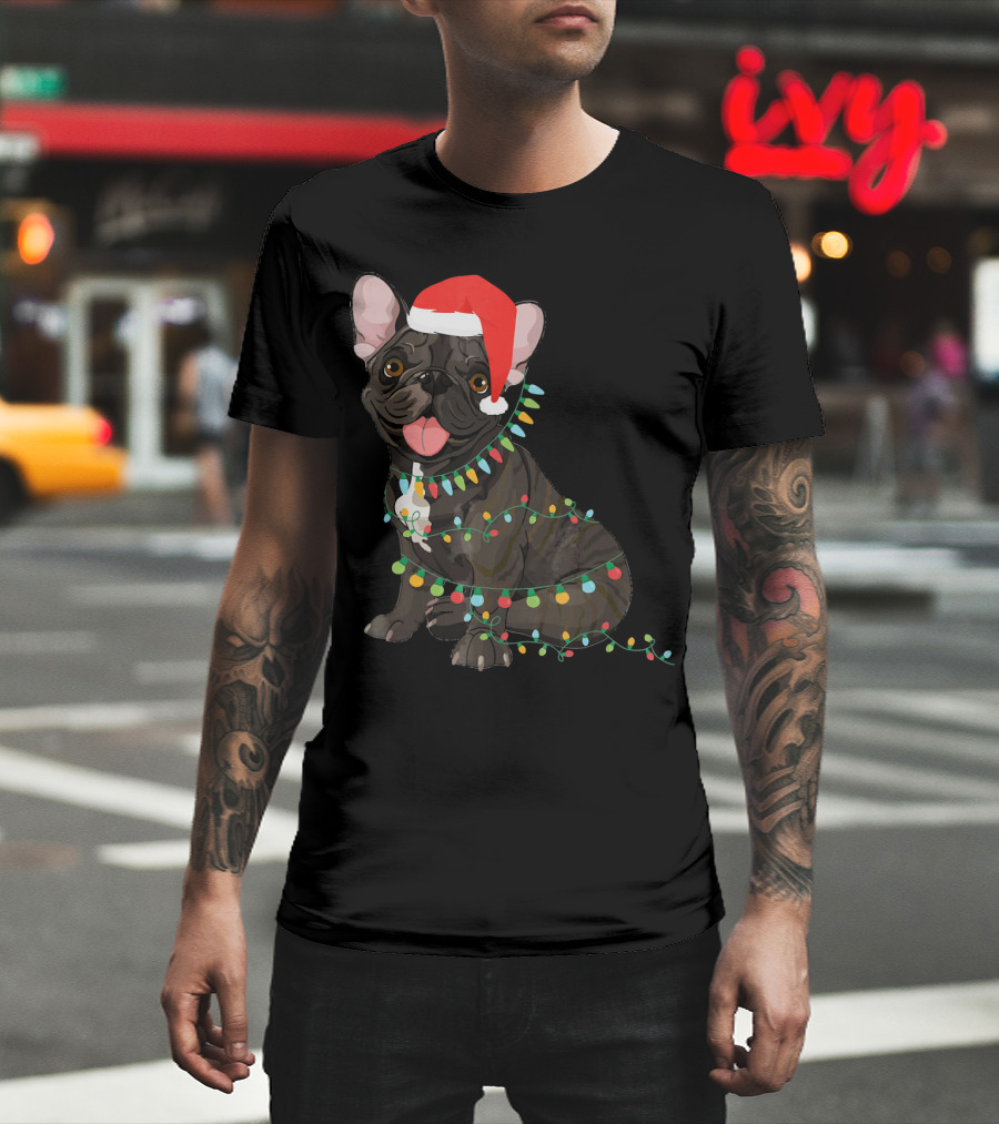 Santa French Bulldog Tangled In Christmas Lights T-Shirt