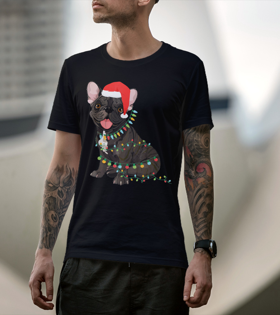 Santa French Bulldog Tangled In Christmas Lights T-Shirt