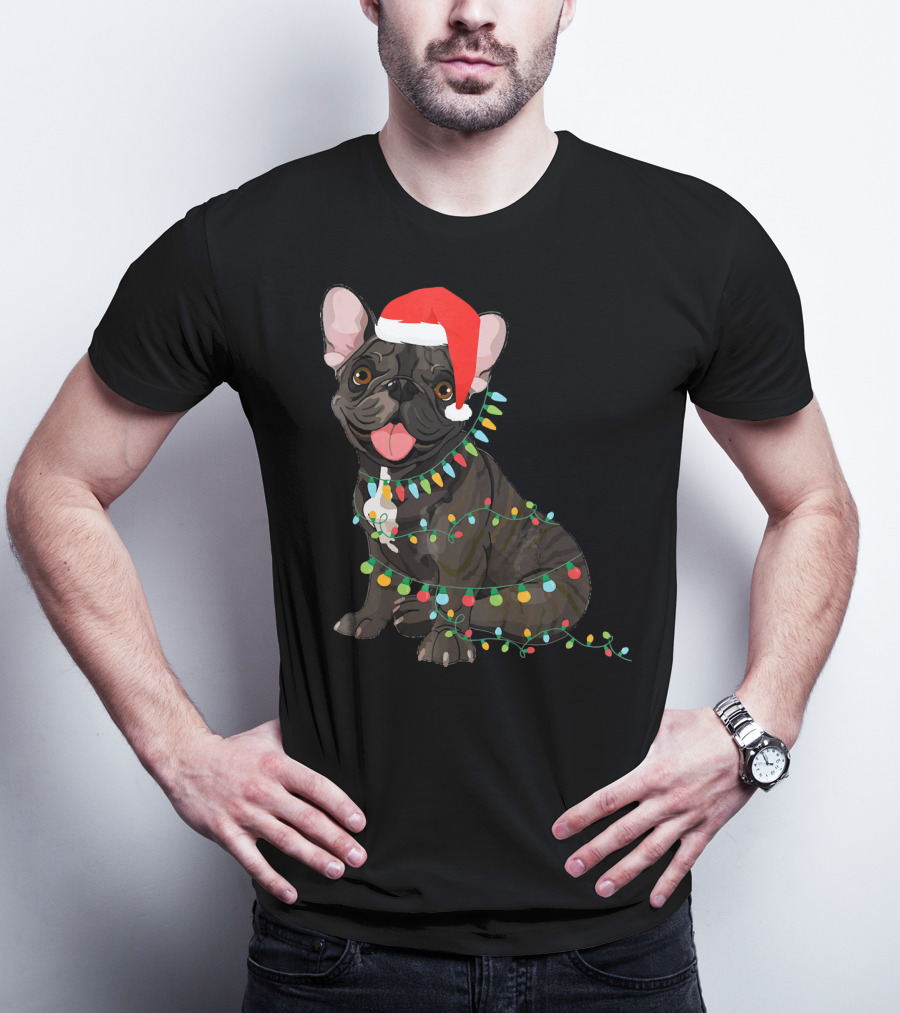 Santa French Bulldog Tangled In Christmas Lights T-Shirt