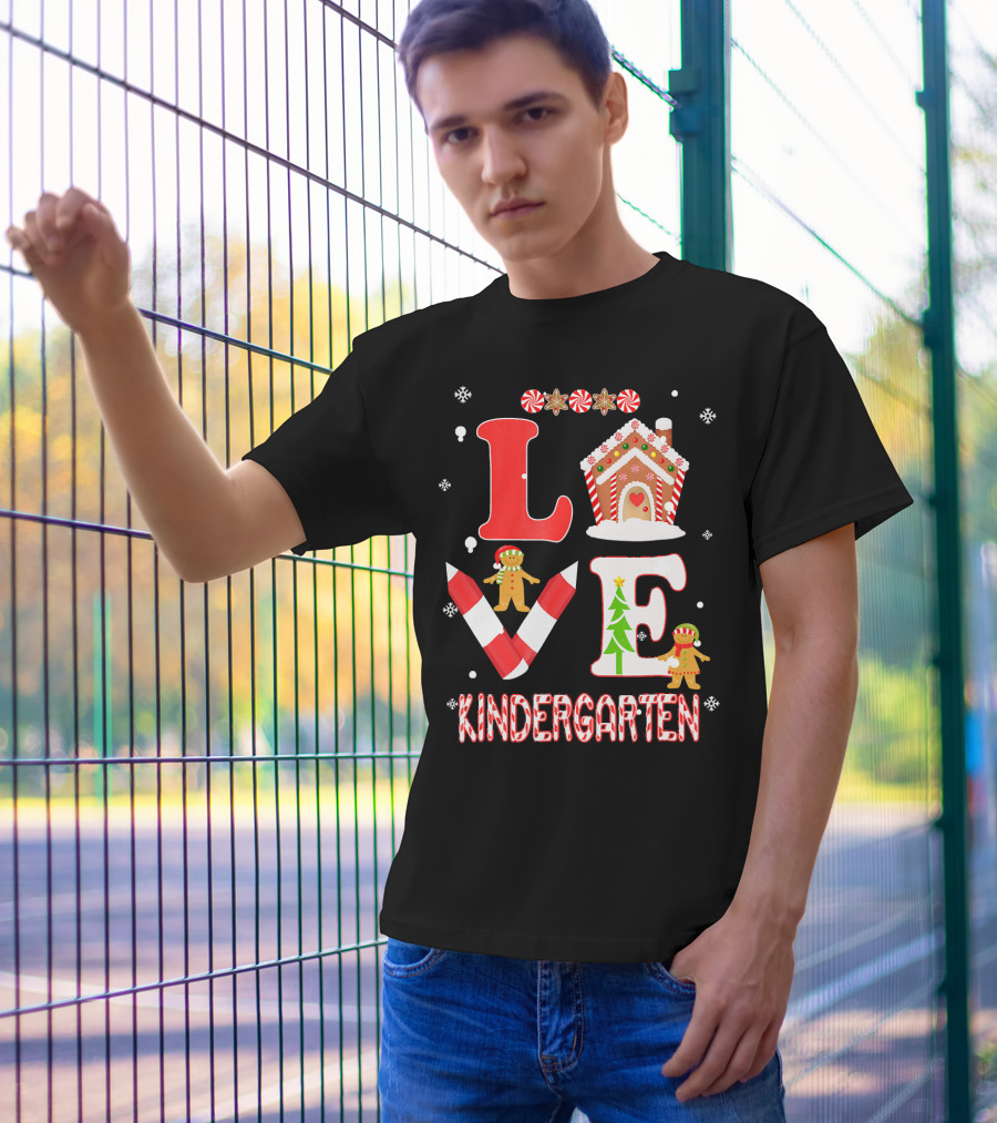 Love Kindergarten Teacher Gingerbread Candy Cane Christmas T-Shirt