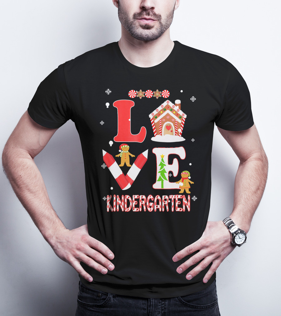Love Kindergarten Teacher Gingerbread Candy Cane Christmas T-Shirt
