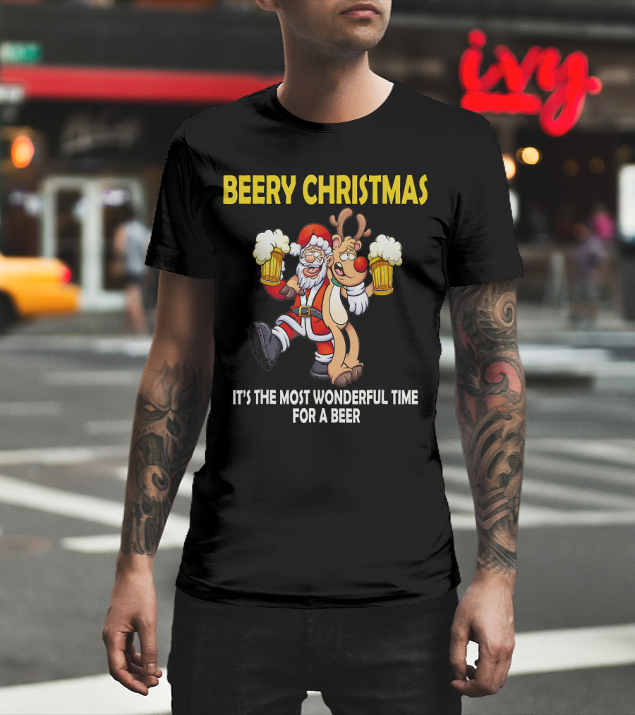 Beery Christmas It's The Most Wonderful Time For A Beer Santa And Reindeer Cheers T-Shirt