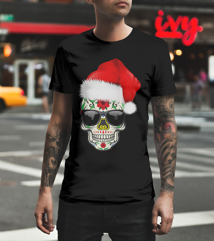 Christmas Santa Hat Day Of The Dead Sugar Skull Suga T-Shirt