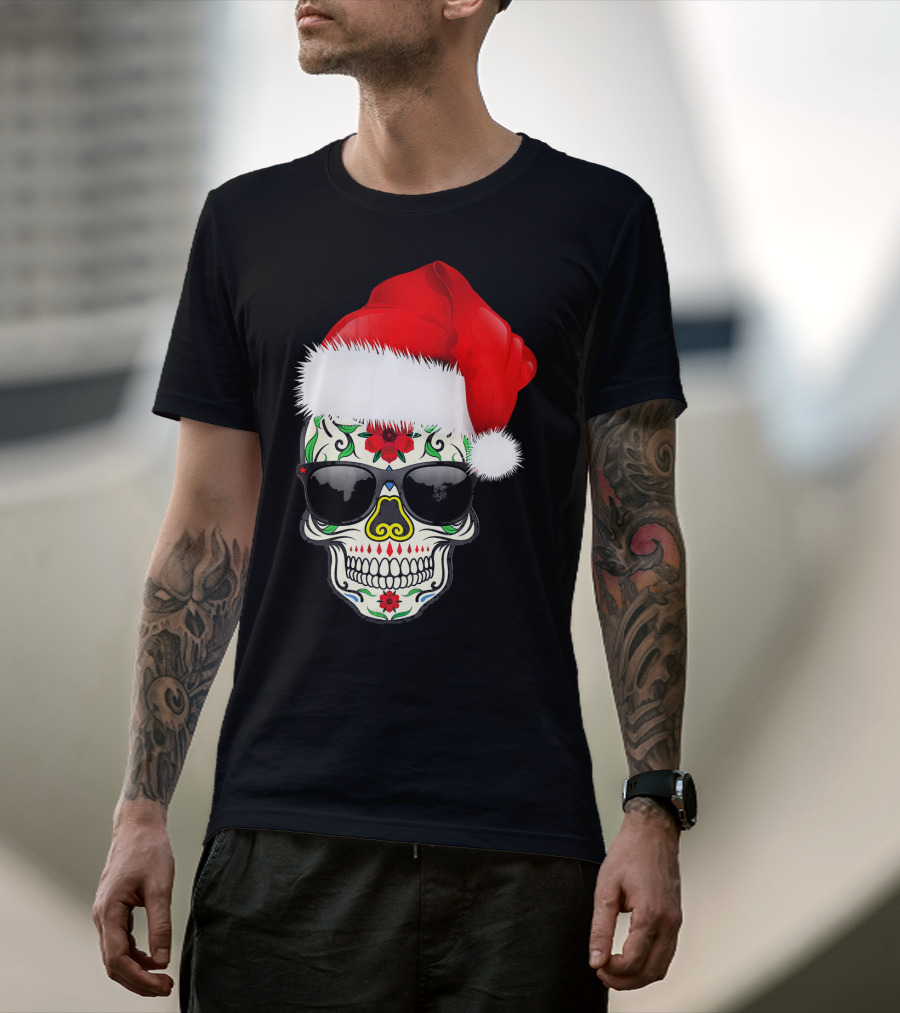 Christmas Santa Hat Day Of The Dead Sugar Skull Suga T-Shirt