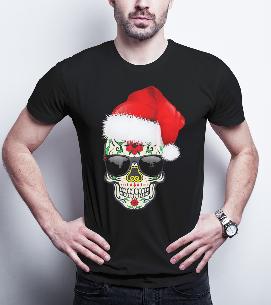 Christmas Santa Hat Day Of The Dead Sugar Skull Suga T-Shirt
