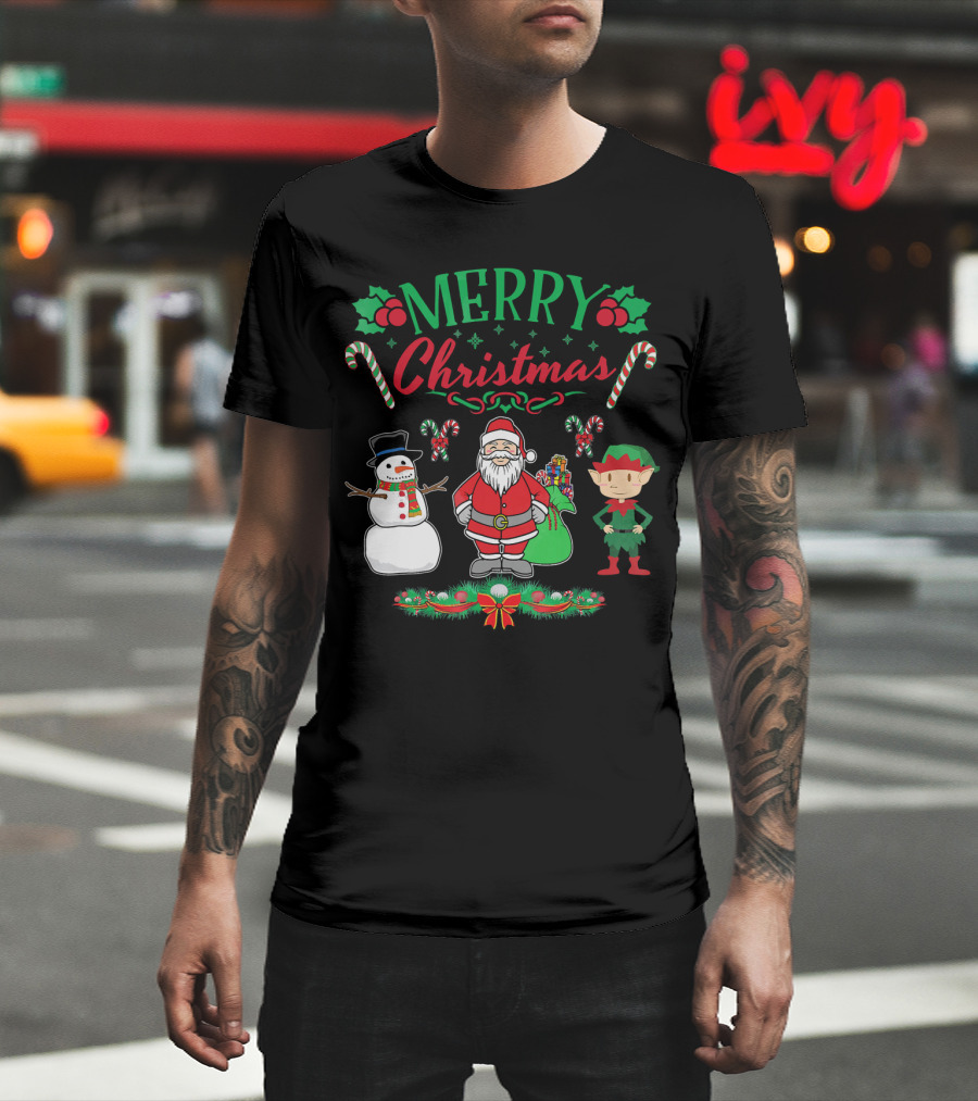 Merry Christmas Santa And Snowman With Elf And Candy Canes T-Shirt