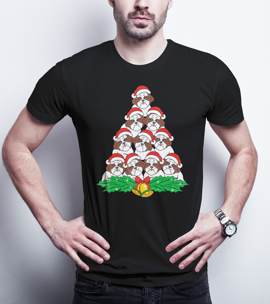 Shih Tzu Christmas Tree Dog Santa Hat Bells Holly Xmas Lover T-Shirt