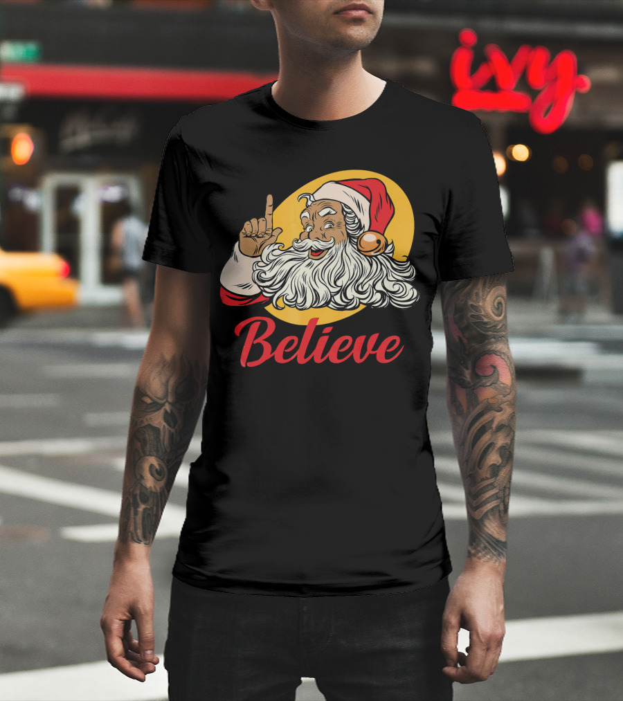Black Santa Claus With Believe Caption And Yellow Background T-Shirt