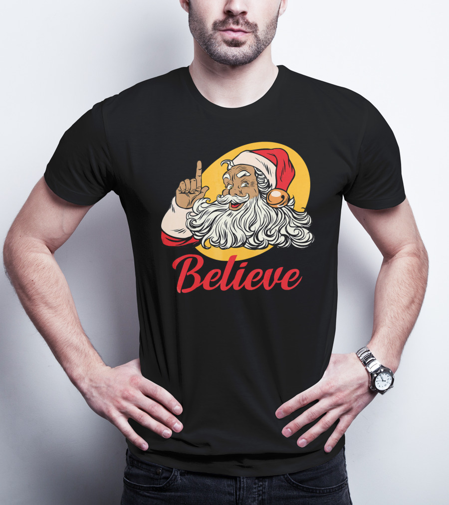Black Santa Claus With Believe Caption And Yellow Background T-Shirt