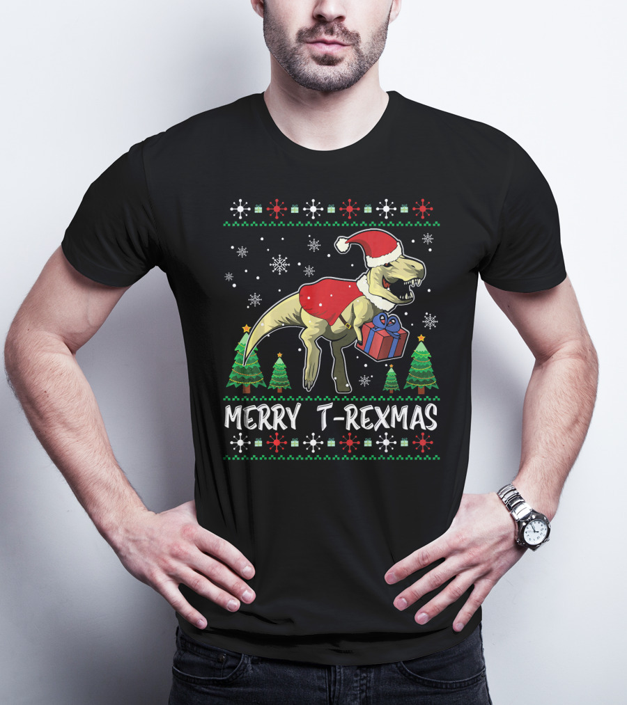 Merry T-Rexmas Dinosaur Santa Claus Holiday Snowflakes Trees T-Shirt