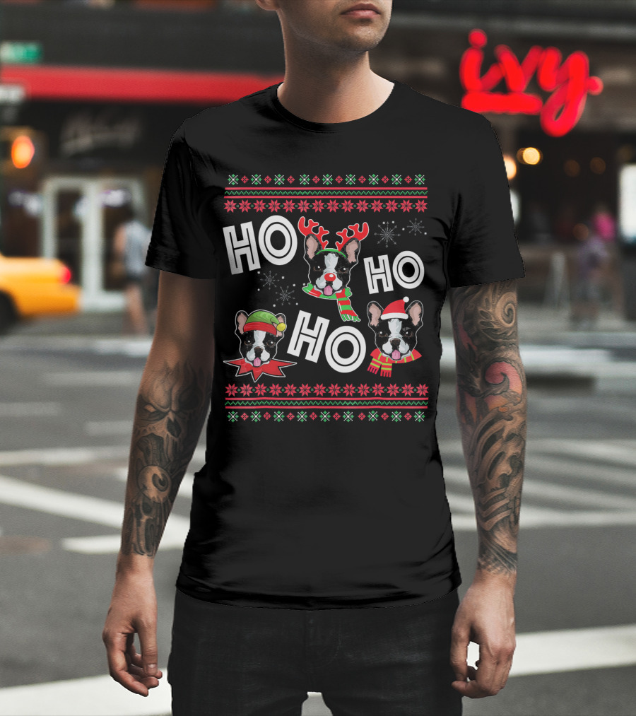 HO HO HO Boston Terrier Funny Do Christmas Reindeer Santa Hat Scarf Snowflakes T-Shirt