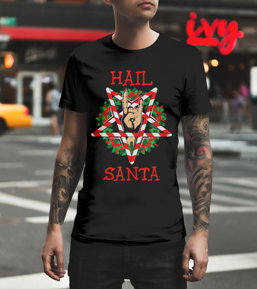 Hail Santa Sleigher Pentagram With Candy Cane And Rock Hand Gesture T-Shirt