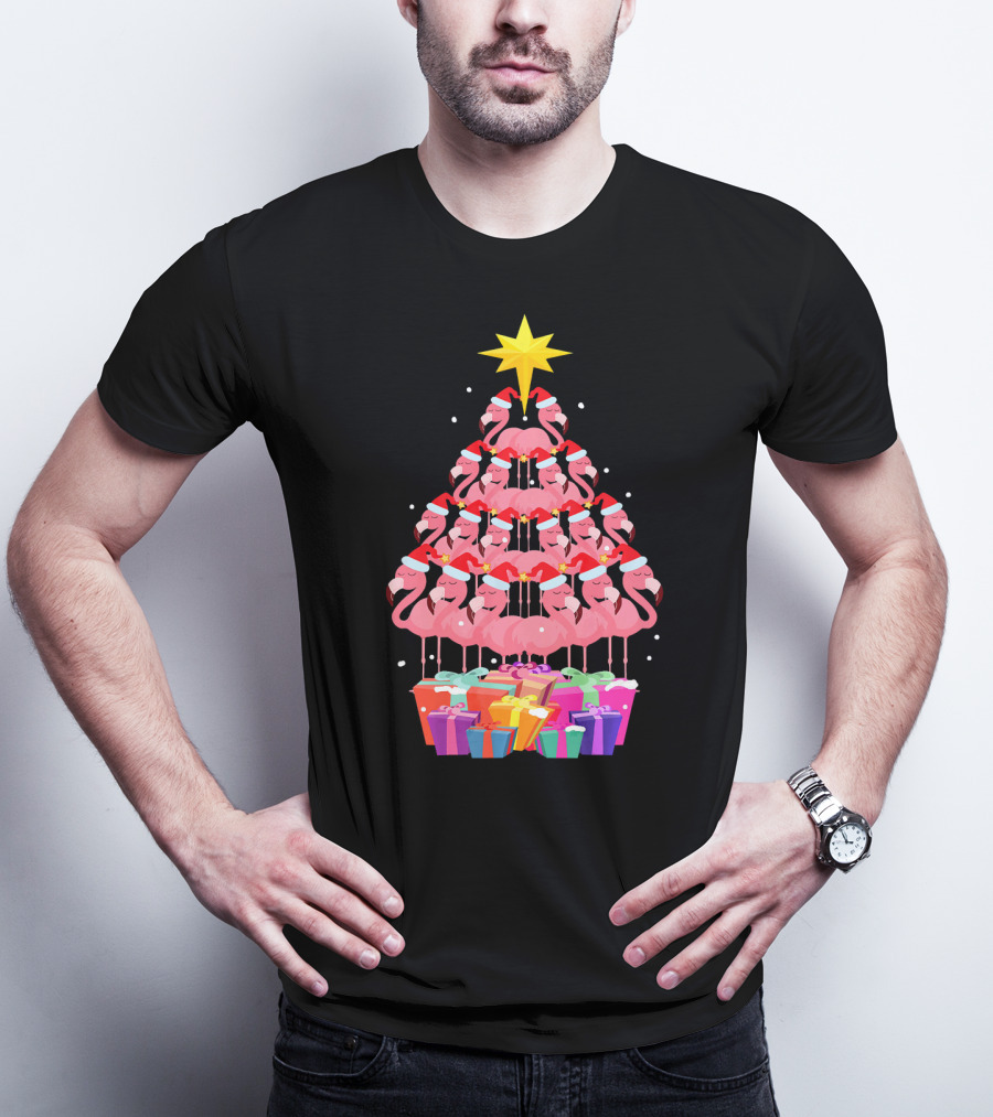 Flamingo Santa Hat Christmas Tree With Gifts And Star T-Shirt