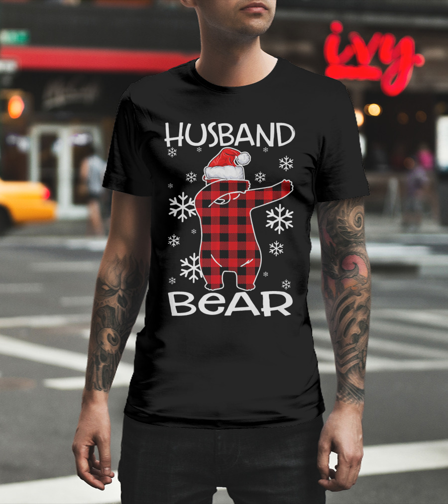 Husband Bear Dabbing Santa Hat Snowflakes T-Shirt