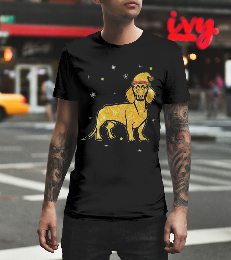 Christmas Lights Glitter Dachshund Dog With Santa Hat And Snowflakes T-Shirt