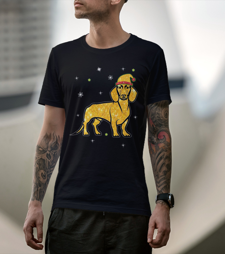 Christmas Lights Glitter Dachshund Dog With Santa Hat And Snowflakes T-Shirt