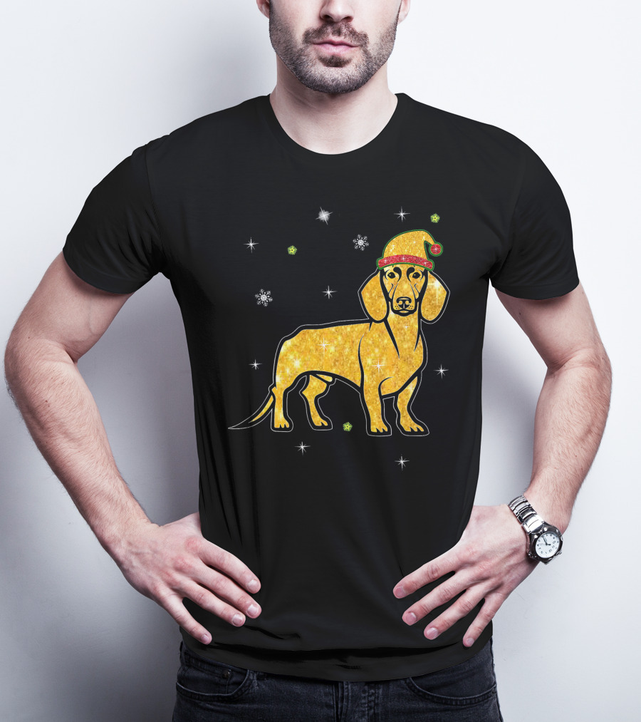 Christmas Lights Glitter Dachshund Dog With Santa Hat And Snowflakes T-Shirt