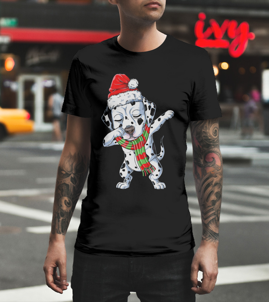Dabbing Dalmatian Puppy In Santa Hat And Festive Scarf T-Shirt