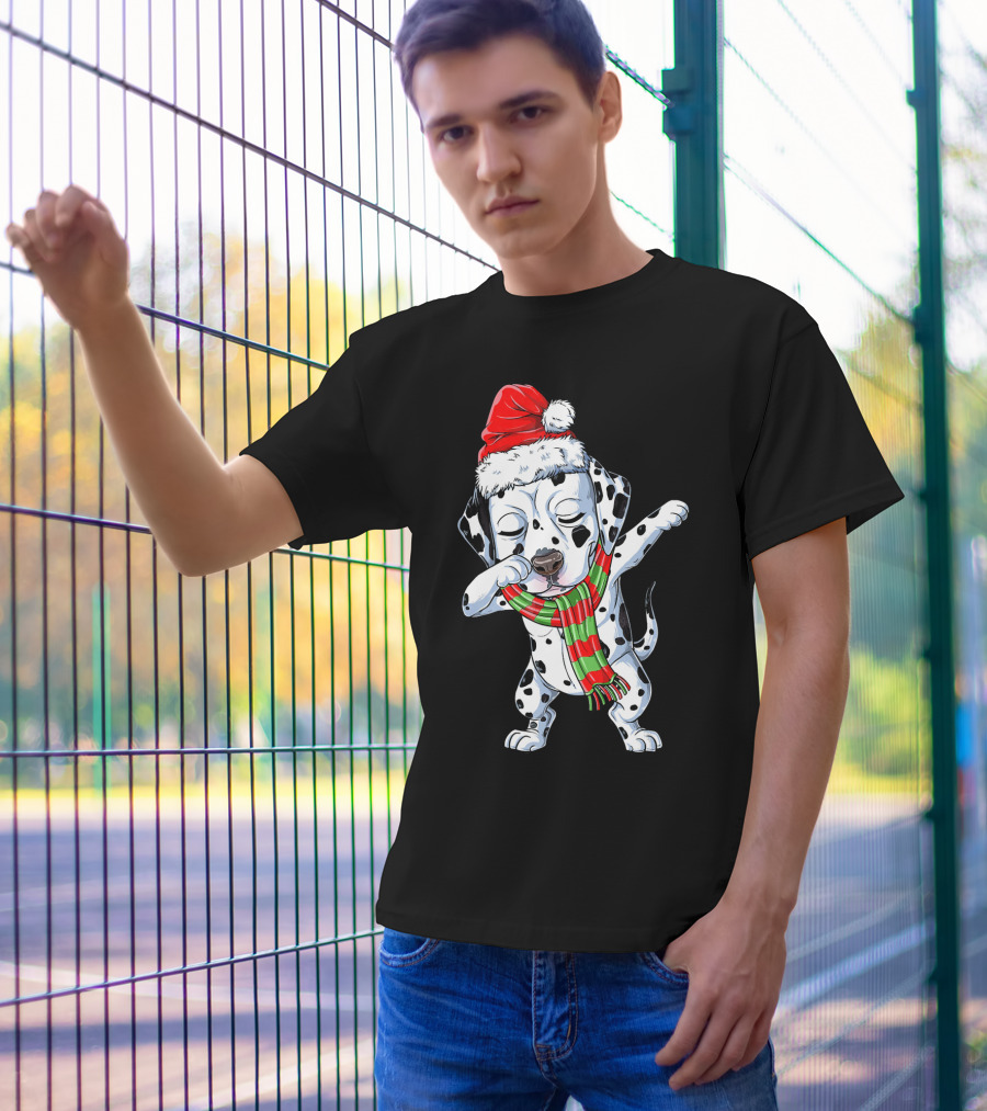 Dabbing Dalmatian Puppy In Santa Hat And Festive Scarf T-Shirt