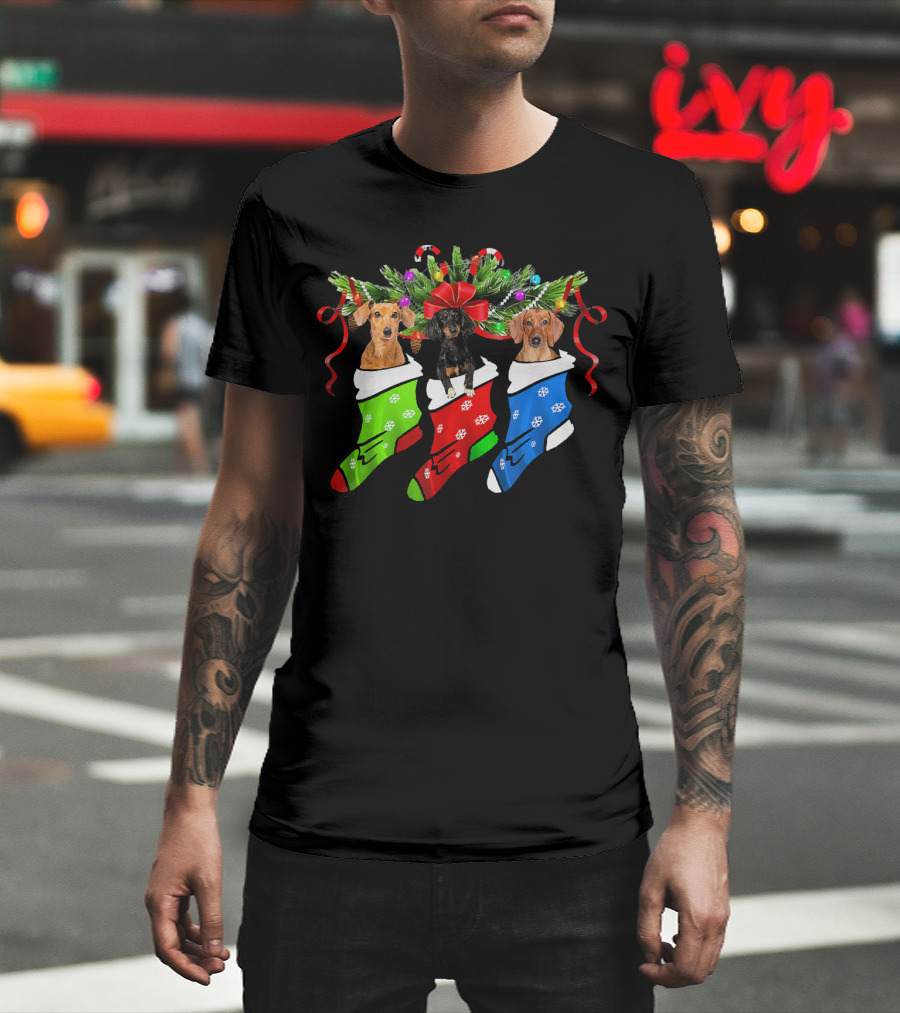 Mens Funny Three Dachshund In Christmas Stockings T-Shirt