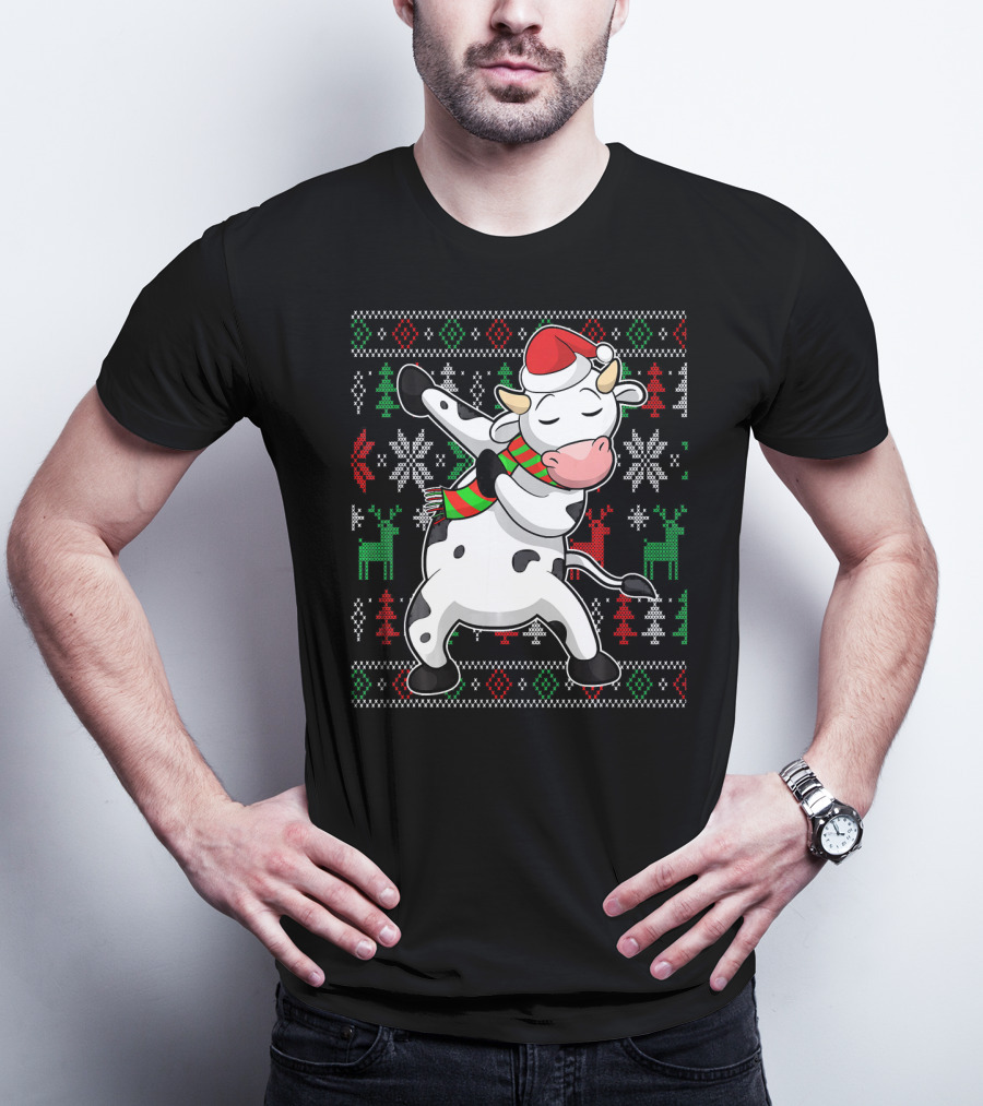 Ugly Christmas Dabbing Santa Cow With Festive Reindeer And Snowflakes T-Shirt