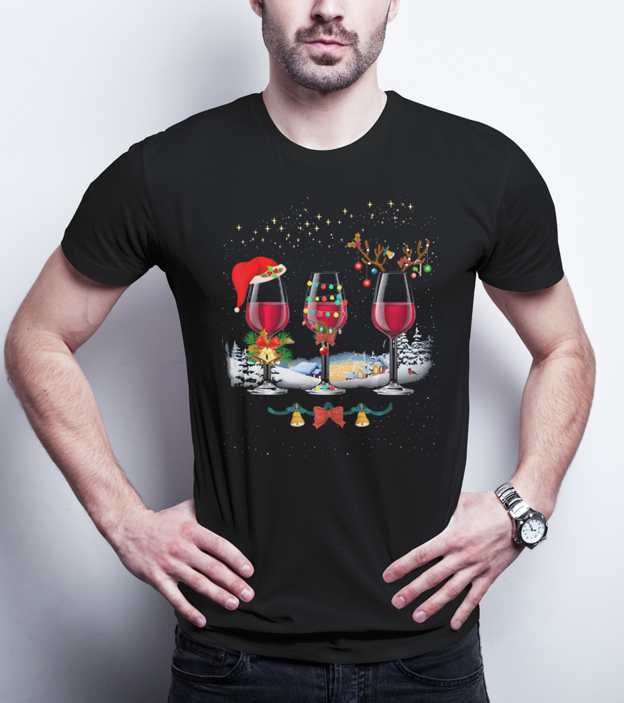 Three Christmas Red Wine Glasses Santa Hat Reindeer Lights Snowy Village T-Shirt