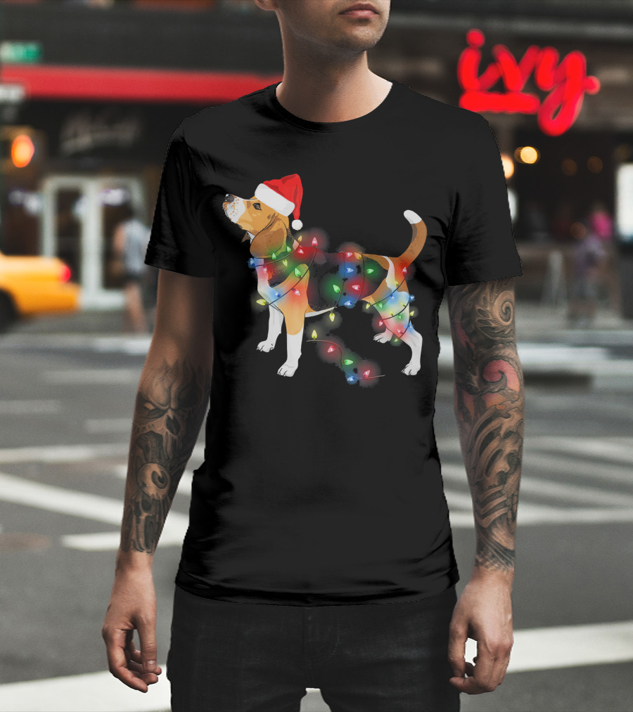 Beagle With Christmas Lights And Santa Hat T-Shirt