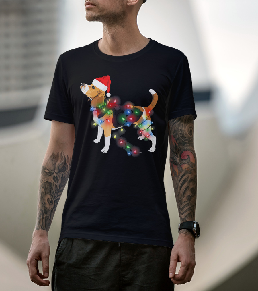 Beagle With Christmas Lights And Santa Hat T-Shirt