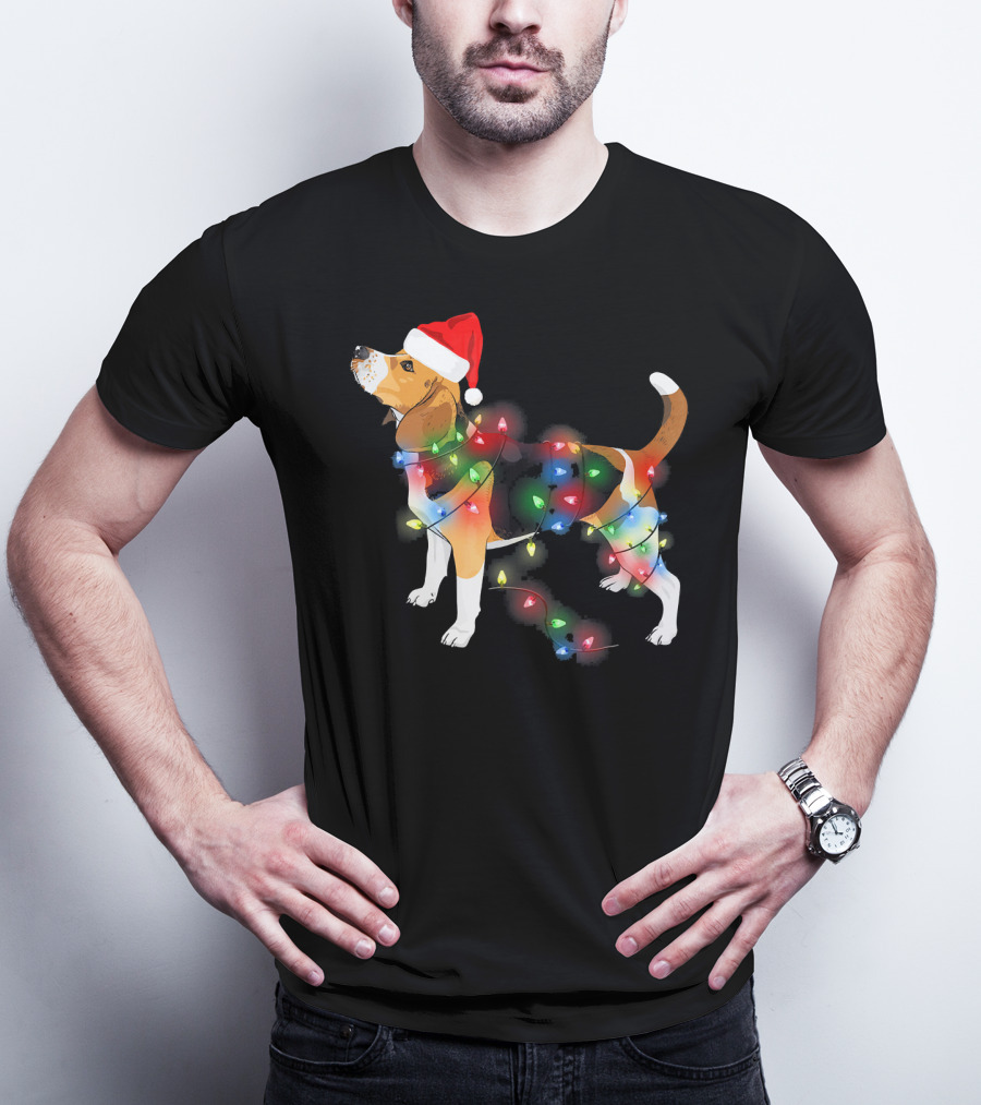 Beagle With Christmas Lights And Santa Hat T-Shirt