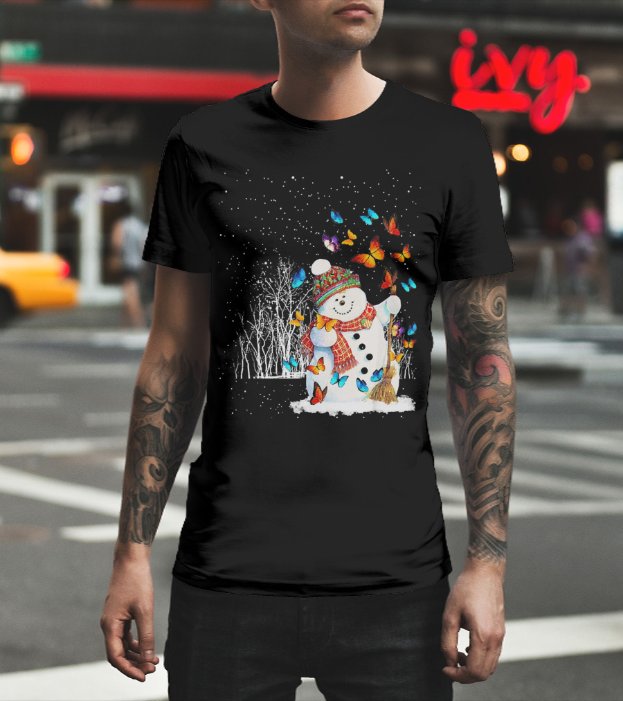 Snowman With Butterflies In A Snowy Forest T-Shirt