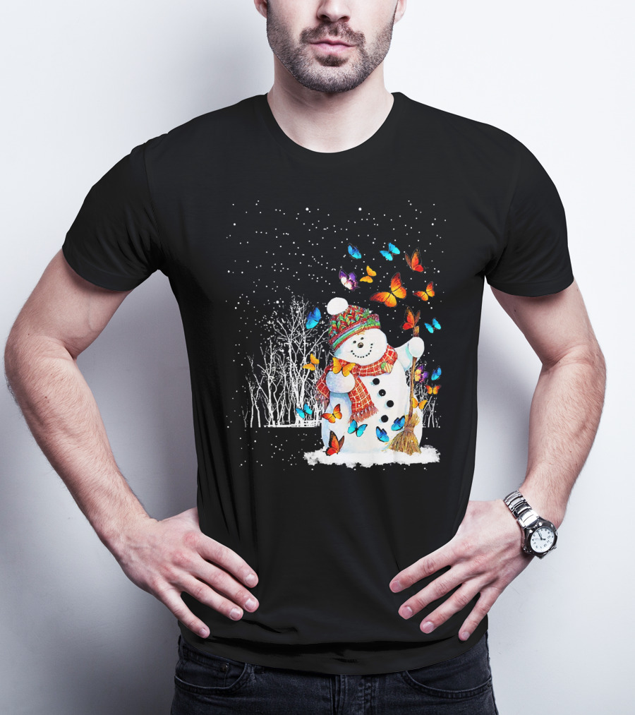 Snowman With Butterflies In A Snowy Forest T-Shirt