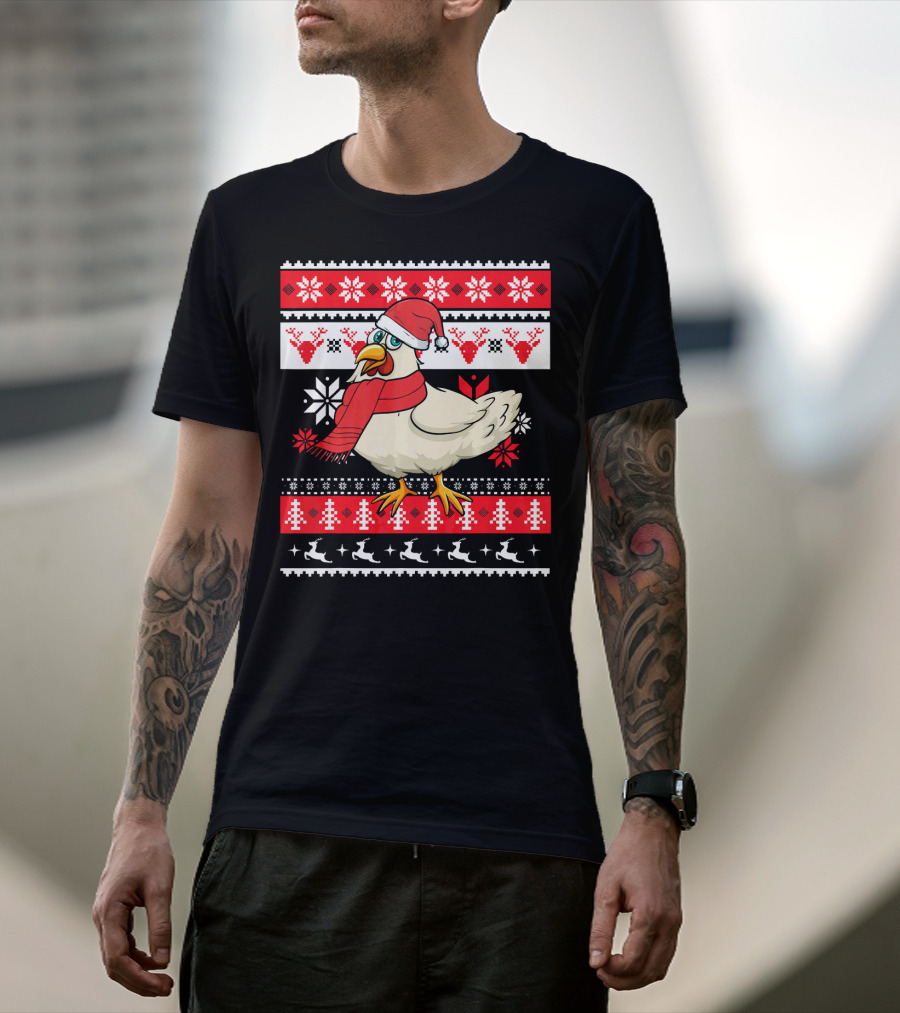 Ugly Christmas Chicken Santa Hat Snowflakes Reindeer Red Scarf T-Shirt