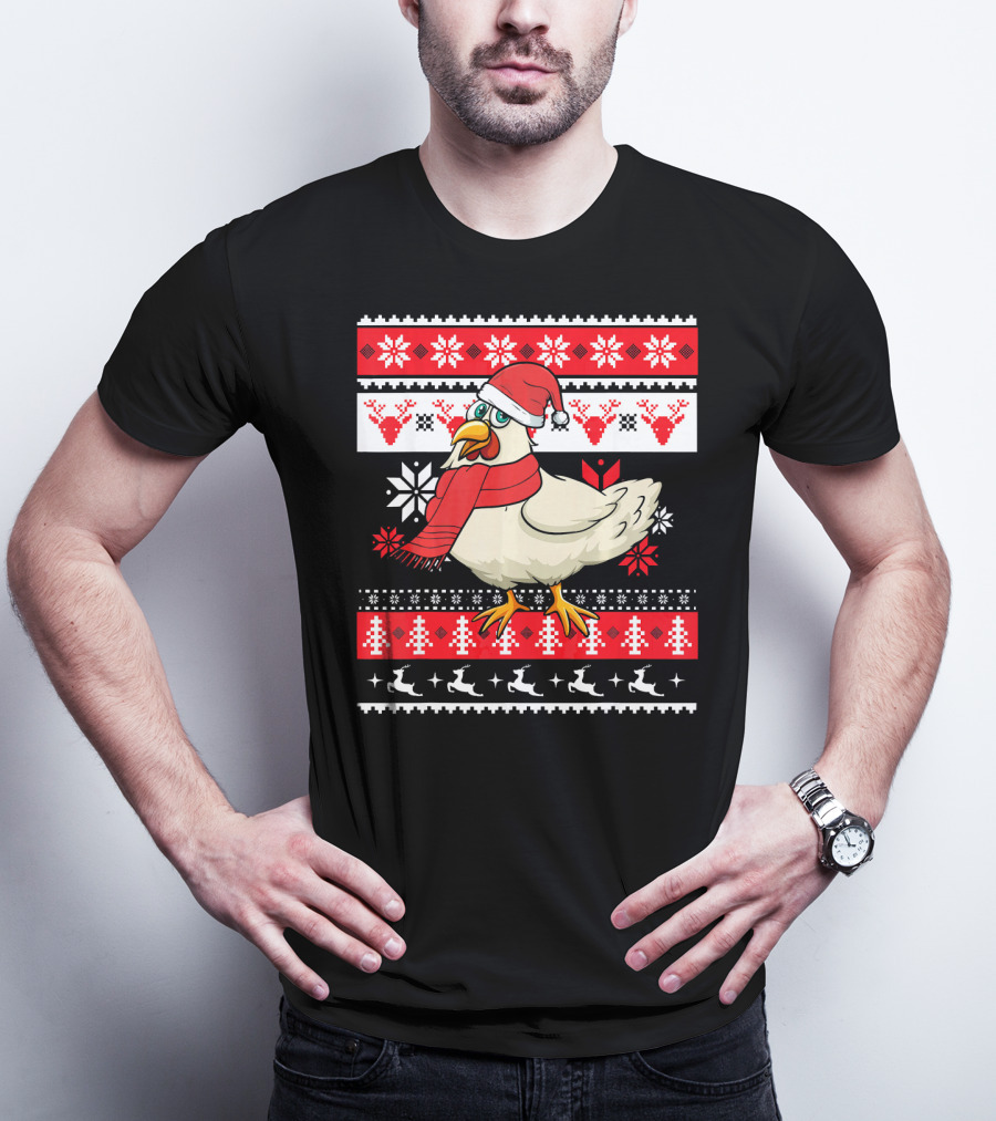 Ugly Christmas Chicken Santa Hat Snowflakes Reindeer Red Scarf T-Shirt
