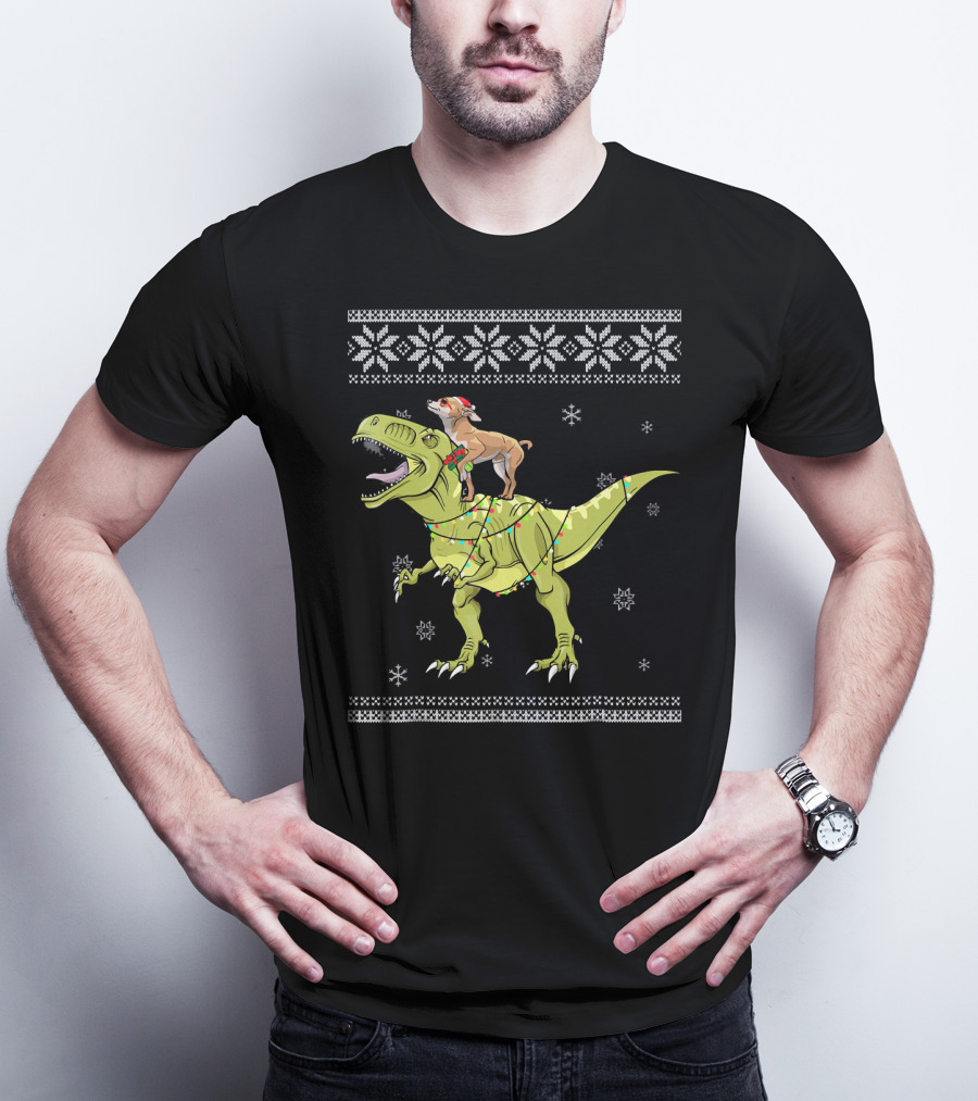 Chihuahua Riding Rex Dinosaur With Christmas Lights And Snowflakes T-Shirt