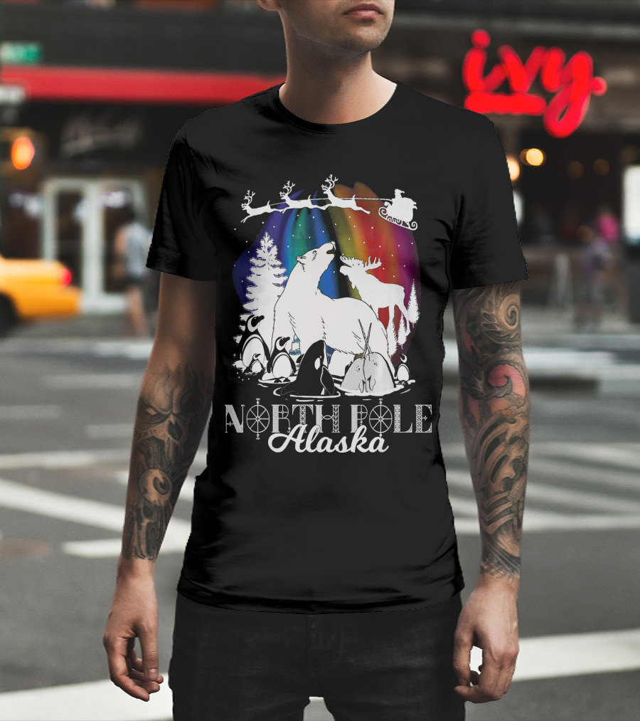 North Pole Alaska Aurora Borealis Polar Bears Reindeer Penguins Santa Sleigh T-Shirt