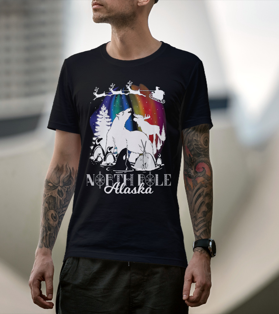 North Pole Alaska Aurora Borealis Polar Bears Reindeer Penguins Santa Sleigh T-Shirt