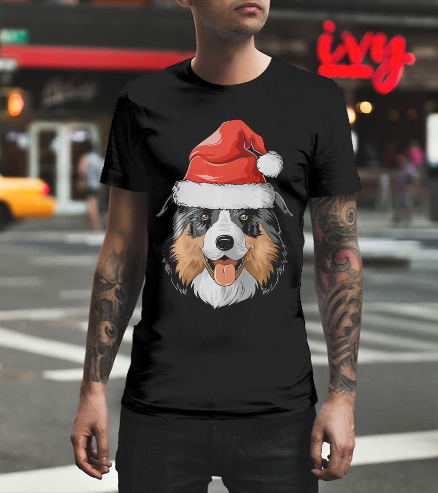 Australian Shepherd Dog Wearing Festive Santa Hat T-Shirt